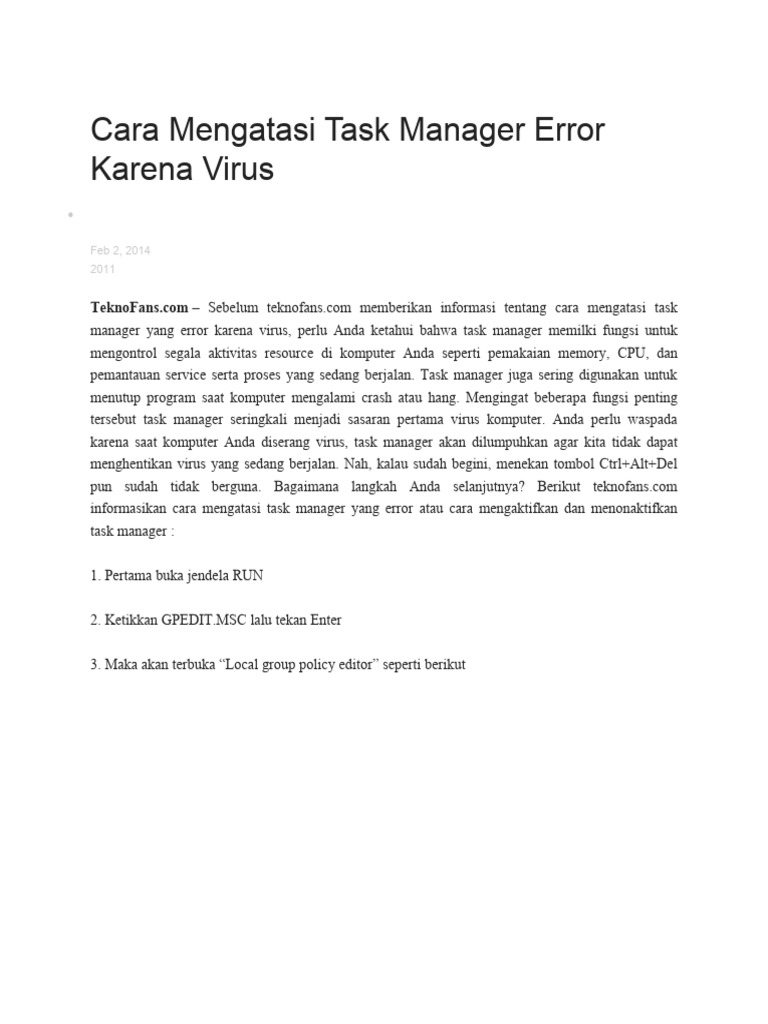 Cara Mengatasi Task Manager Error Karena Virus | PDF
