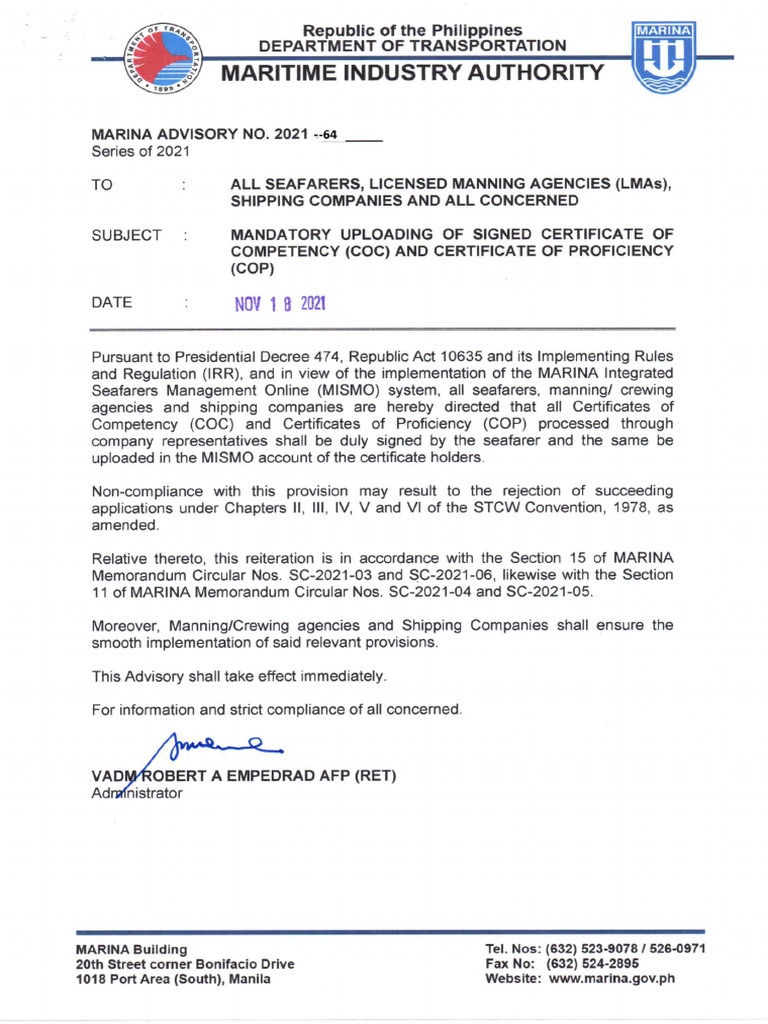 MARINA-Advisory-2021-64, Series of 2021 | PDF