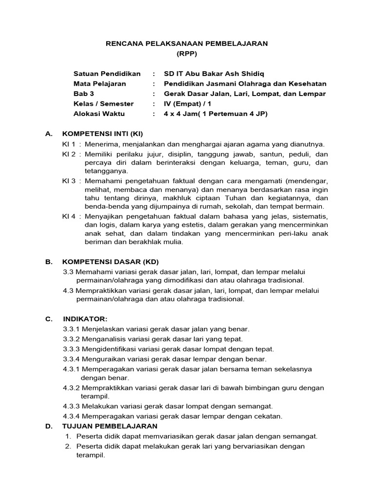 RPP PJOK KLS 4 TM 3 Gerak Dasar Jalan, Lari, Lompat, Dan Lempar | PDF