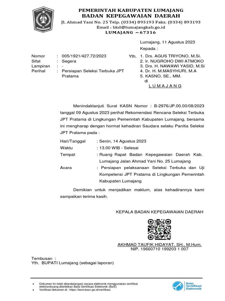 Undangan Pansel Persiapan Tahap 2acc - Sign | PDF