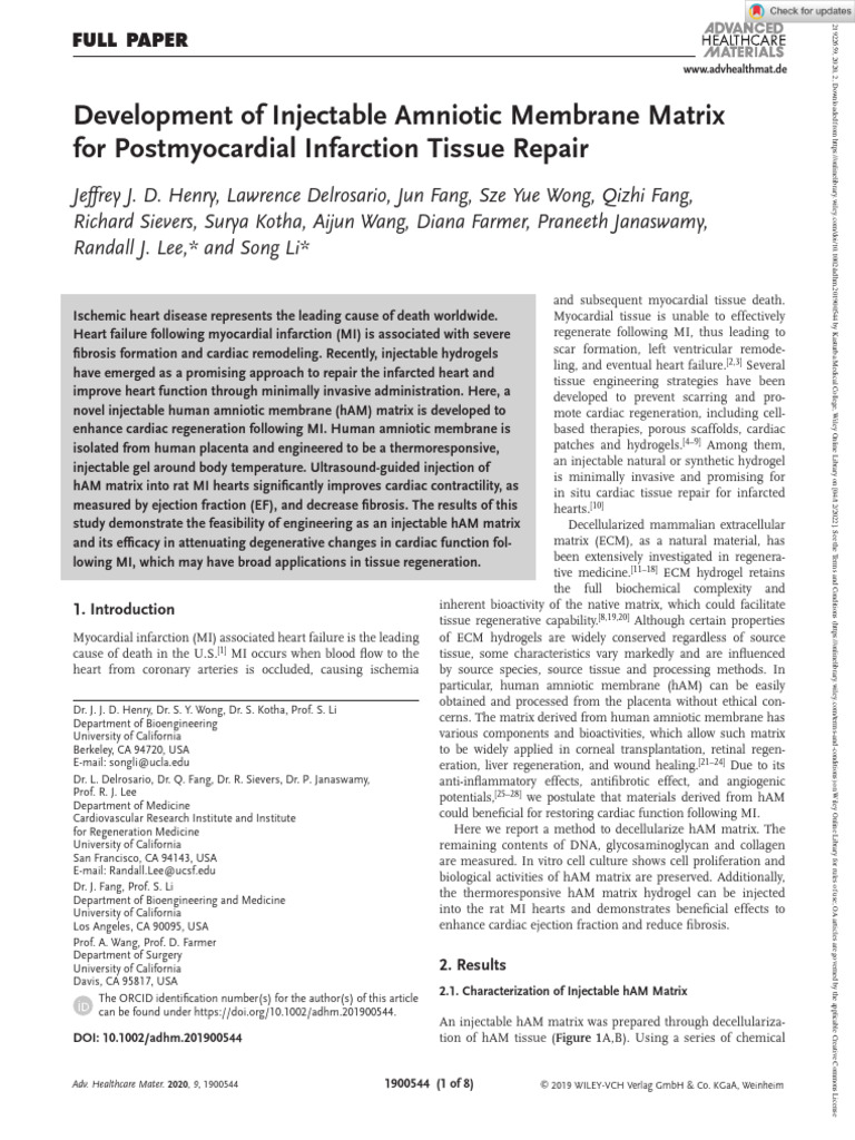 Development of Injectable Amniotic Membrane Matrix For Postmyocardial Infarction Tissue Repair ...