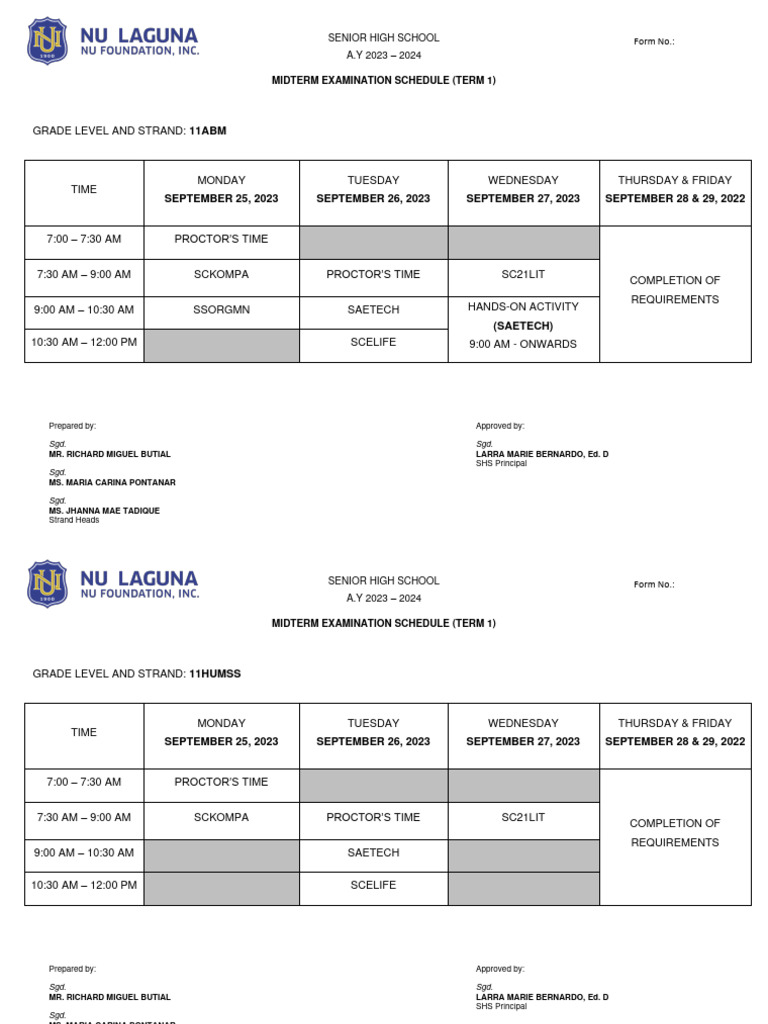 SHS Midterm Exam Schedule | PDF