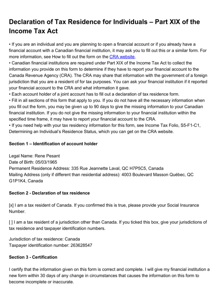 CA Crs Declaration of Tax Residence Individuals | PDF | Taxes | Payments