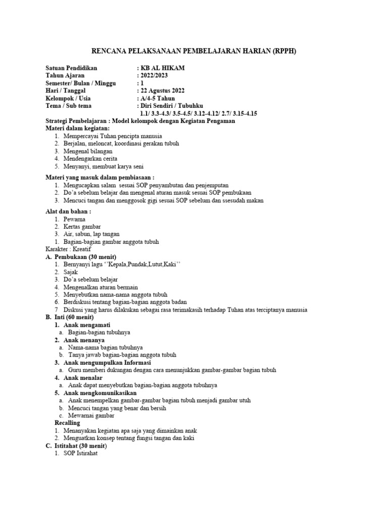RPPH KB Al Hikam Usia 4-5 Tahun | PDF