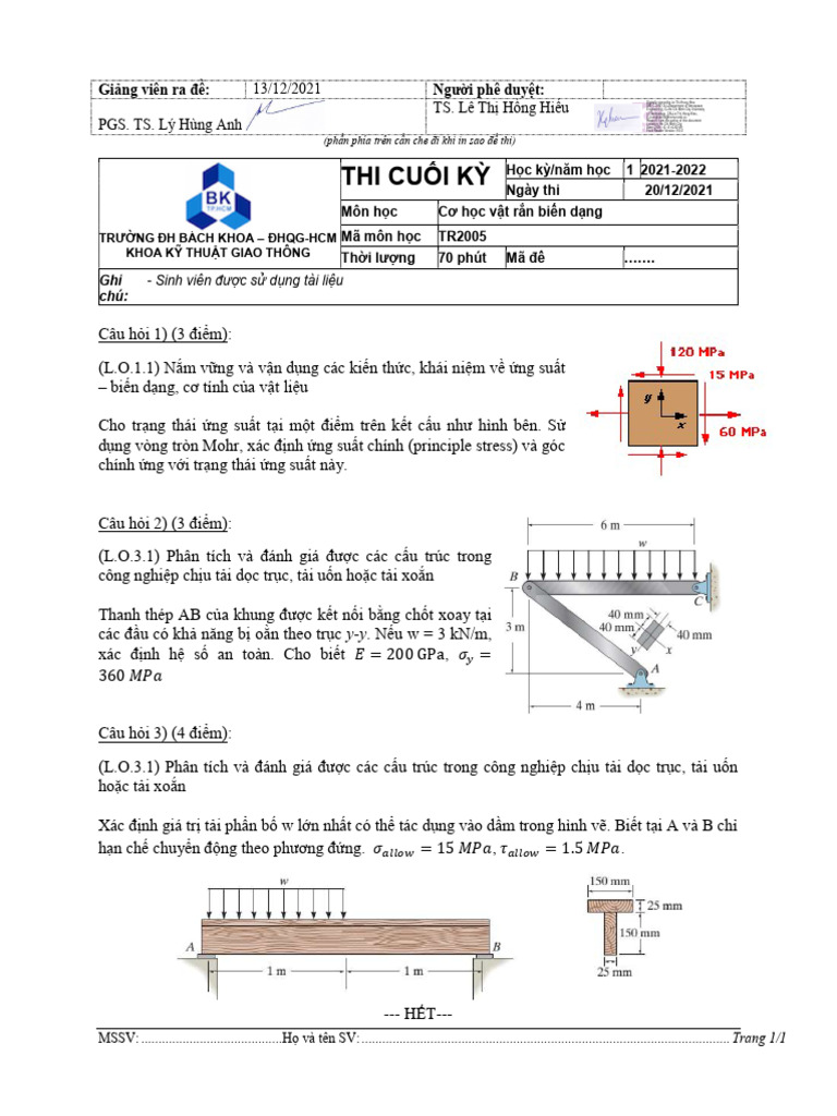 Co Hoc Vat Ran Bien Dang - de Thi Cuoi Ky 1 2021-2022 (Đã Ký) | PDF