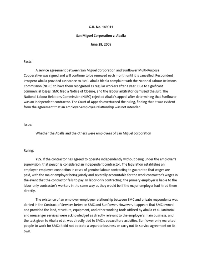 San Miguel Corporation vs. Aballa | PDF | Employment | Justice