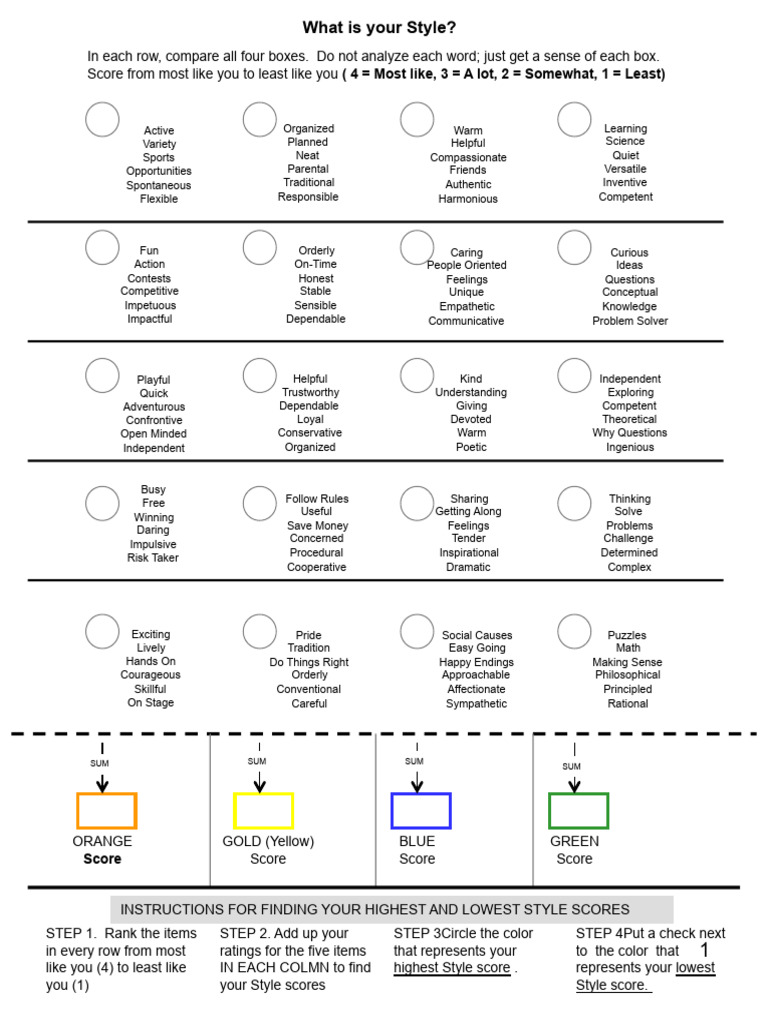 True Colors Assessment | PDF | Behavioural Sciences | Cognitive Science