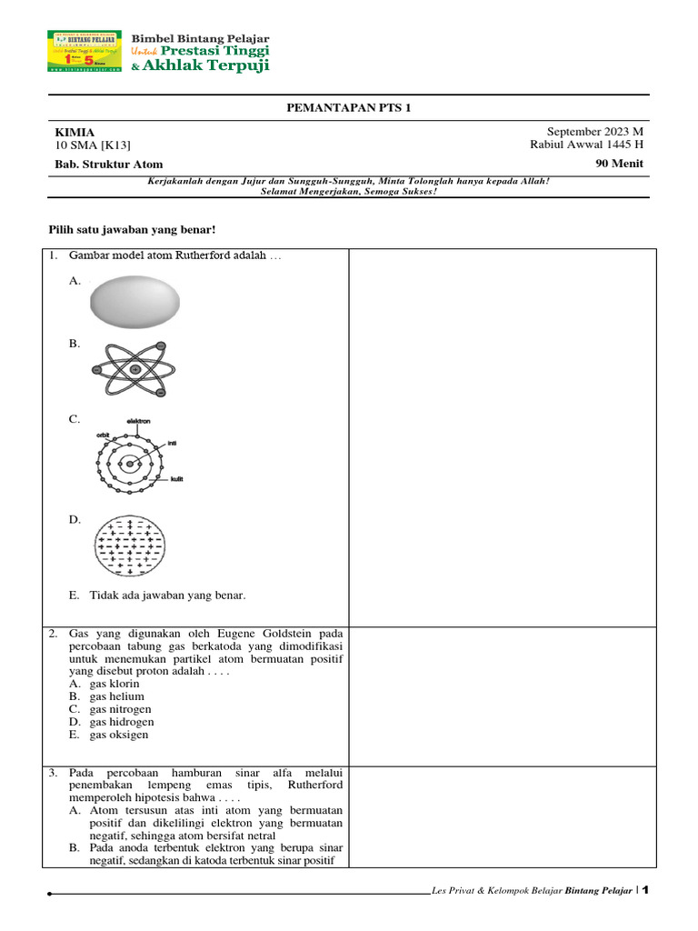 K13 - PM PTS 1 KIMIA - 10 SMA (Struktur Atom) (Layout) TA 23-24 | PDF