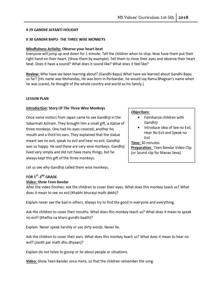 Values Lesson Plans 1st-5th (17-18)_2022 (1) | PDF | Mahatma Gandhi