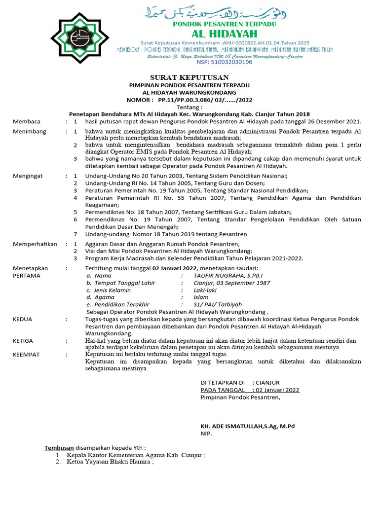 SK OPERATOR pONDOK pESANTREN | PDF