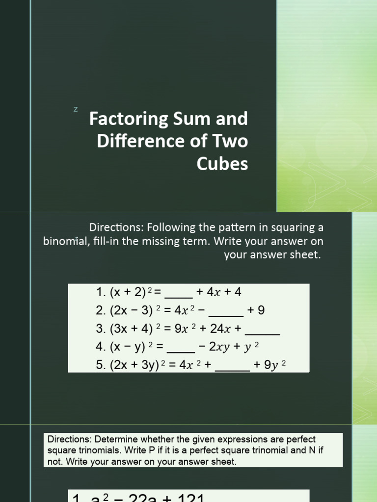 Grade 8 Week 2.1 Factoring Sum and Difference of Two Cubes | PDF | Home ...