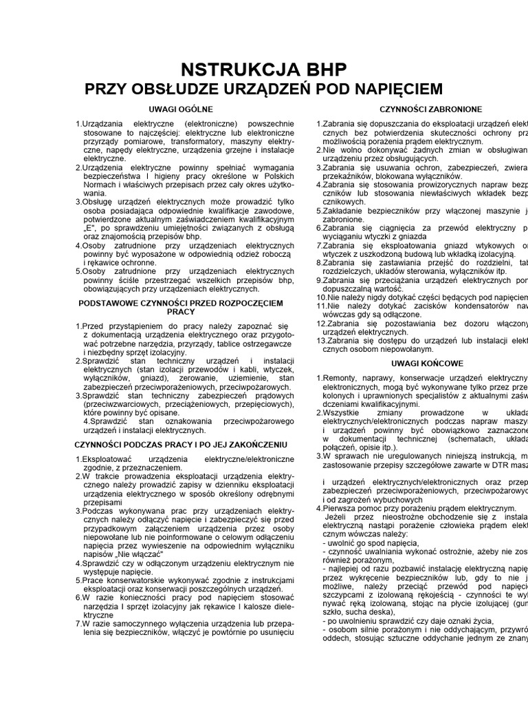 NSTRUKCJA BHP Prad | PDF