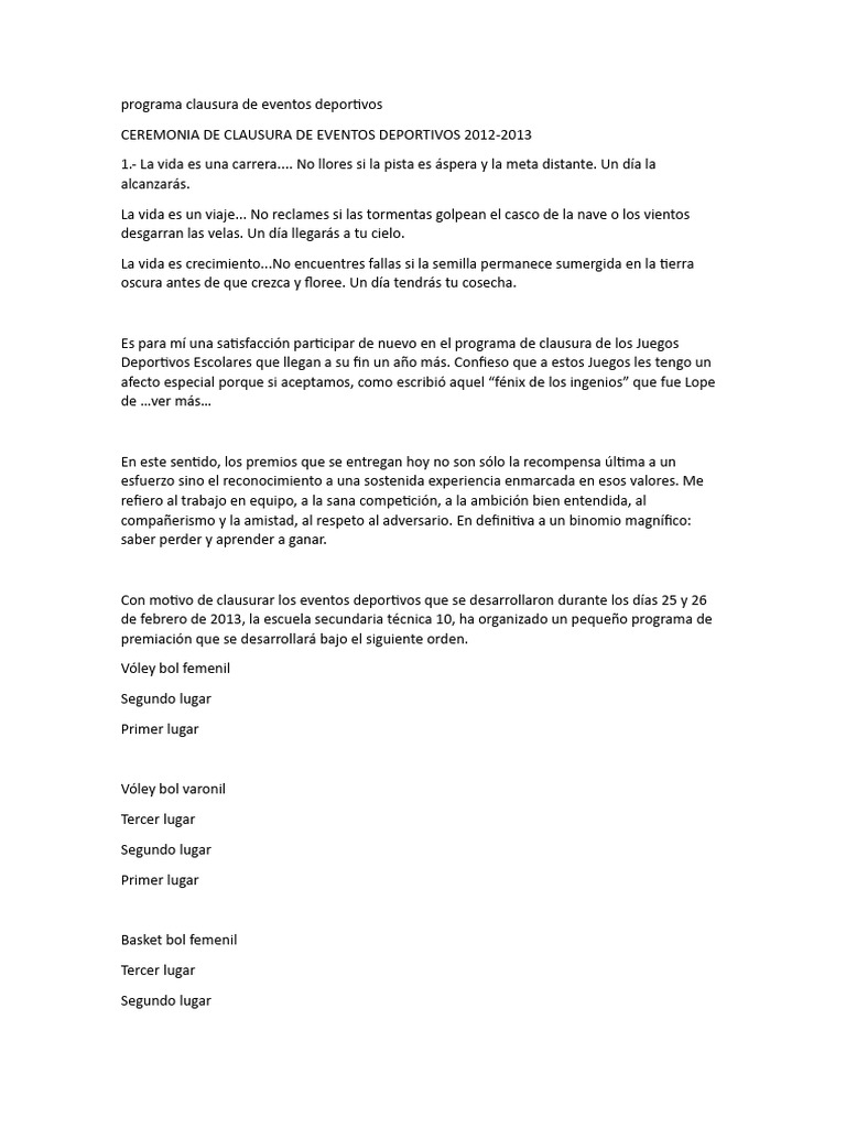 Programa Clausura de Eventos Deportivos | PDF