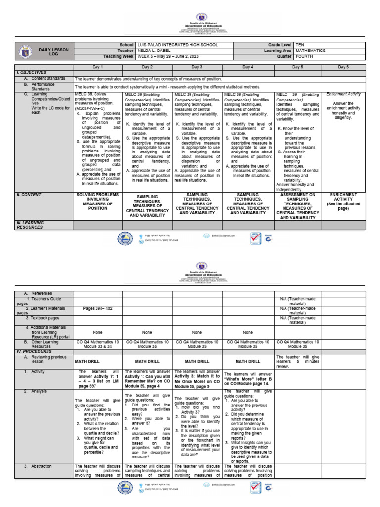 DLL Math10 4Q W5 | PDF | Sampling (Statistics) | Teachers