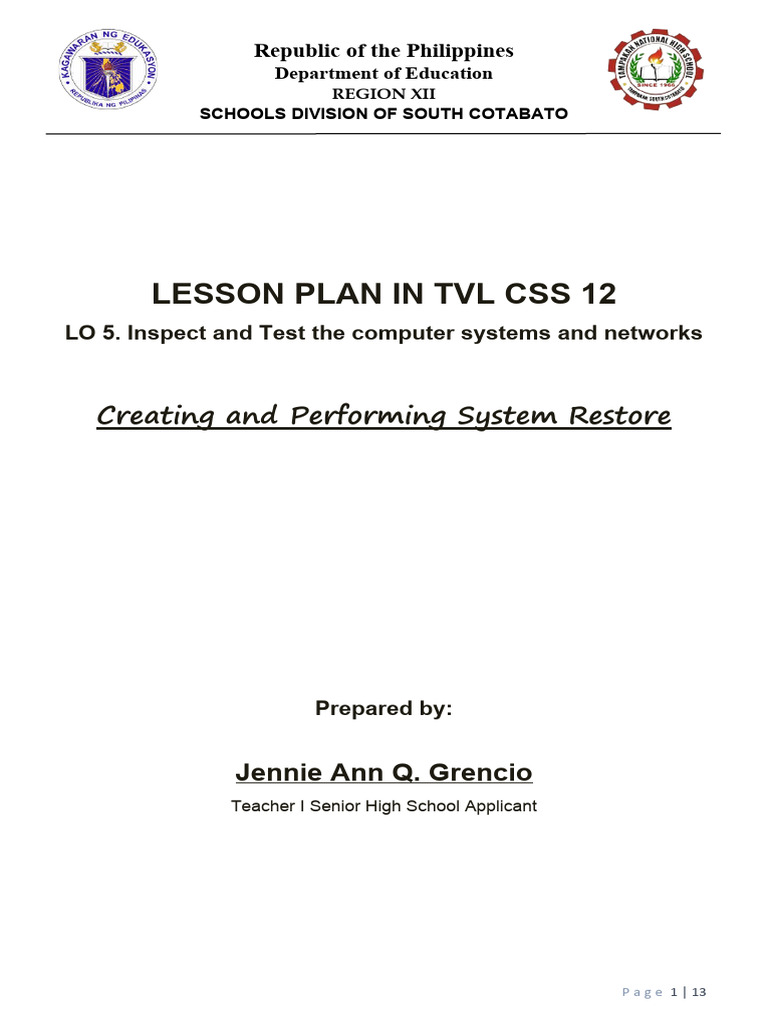 Lesson Plan in TVL Css 12 Final 1.1 | PDF | Computer Science | Computing