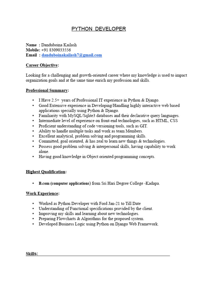 Python Resume | Download Free PDF | My Sql | Databases