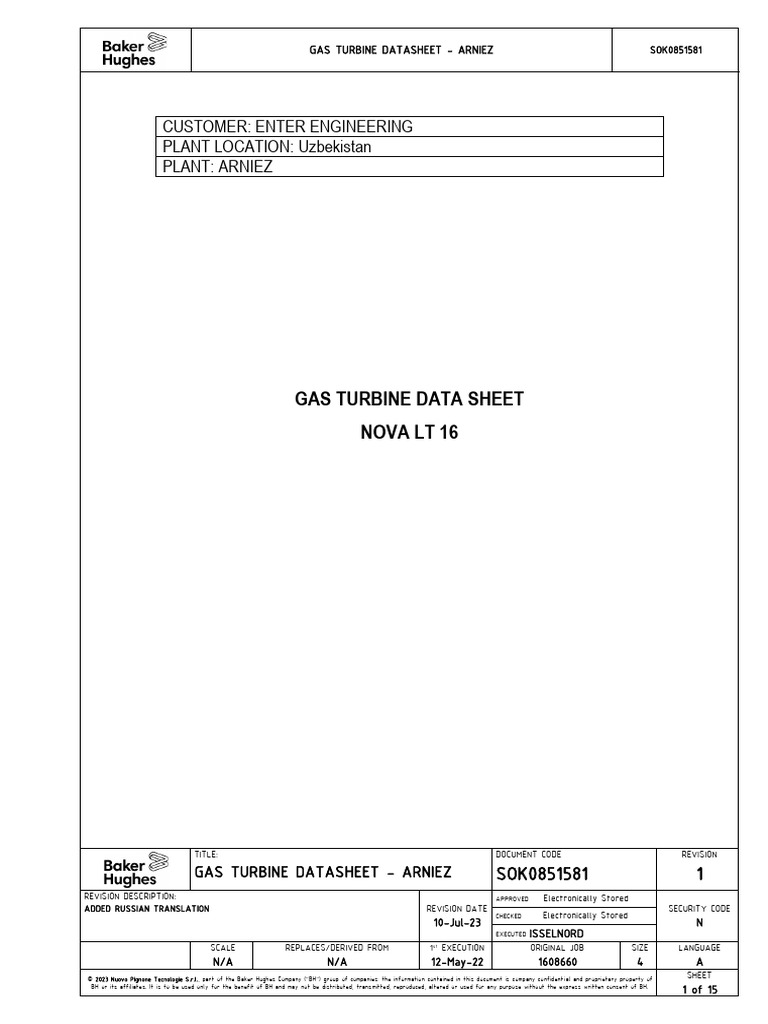 Gas Turbine Data Sheet Nova LT 16: Customer: Enter Engineering PLANT ...