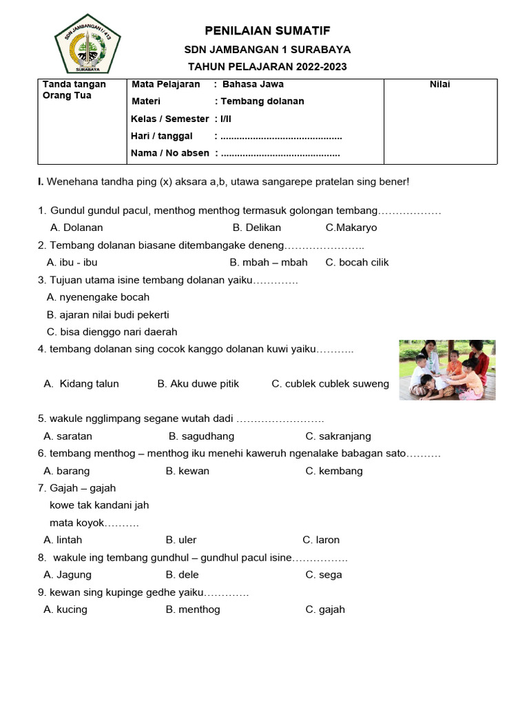 Soal Sumatif Tembang Dolanan Kelas 1 | PDF Soal Sumatif Tembang Dolanan Kelas 1 | PDF
