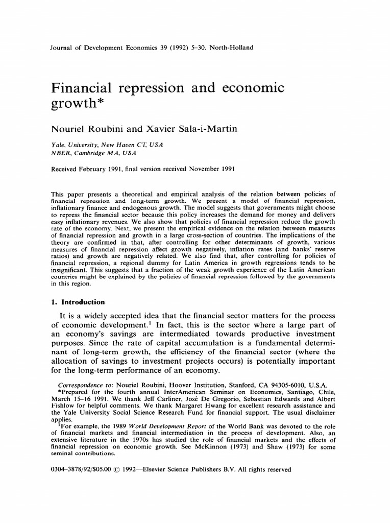 Financial Repression and Economic Growth : Nouriel Roubini and Xavier ...