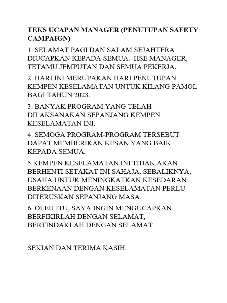 Teks Ucapan Manager Safety Campaign | PDF