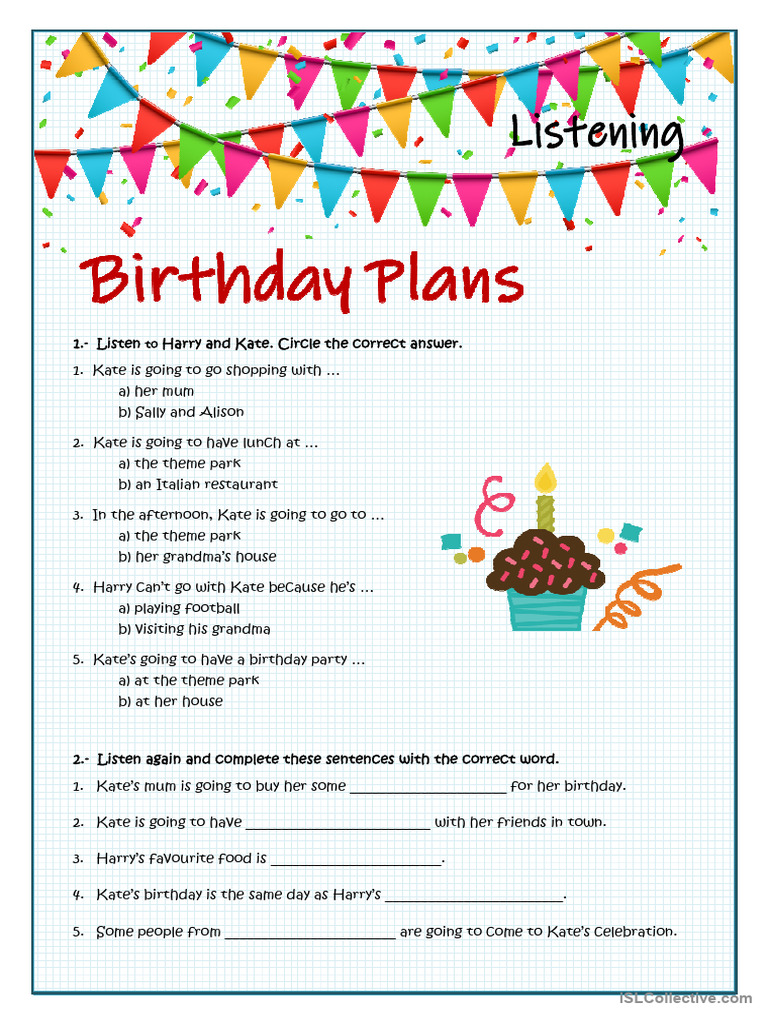 Kate's Birthday Party Listening Activity | PDF