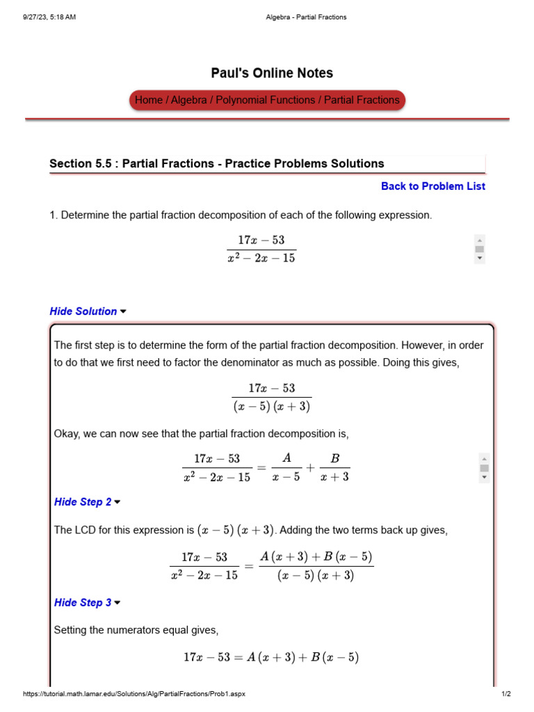 Partial Fractions Examinations 3a Solution | PDF | Computational ...