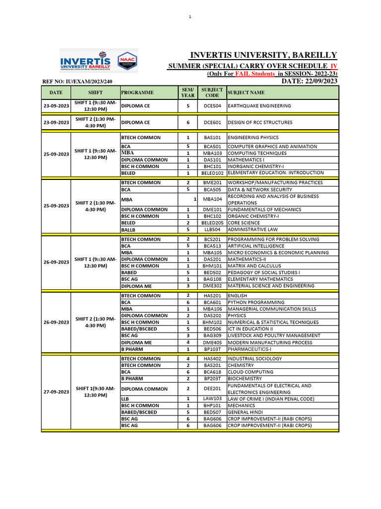 Year Back Schedule 4 | PDF | Engineering | Bachelor Of Science