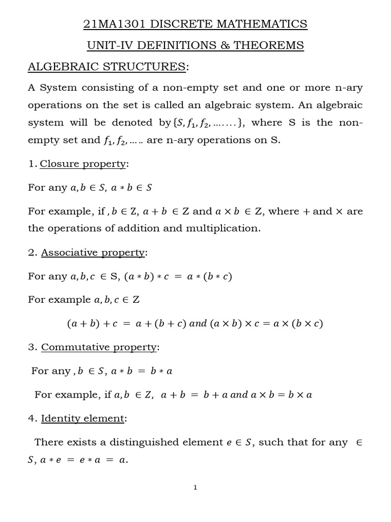 DM UNIT-IV Definitions & Theorems | PDF | Group (Mathematics) | Ring (Mathematics)