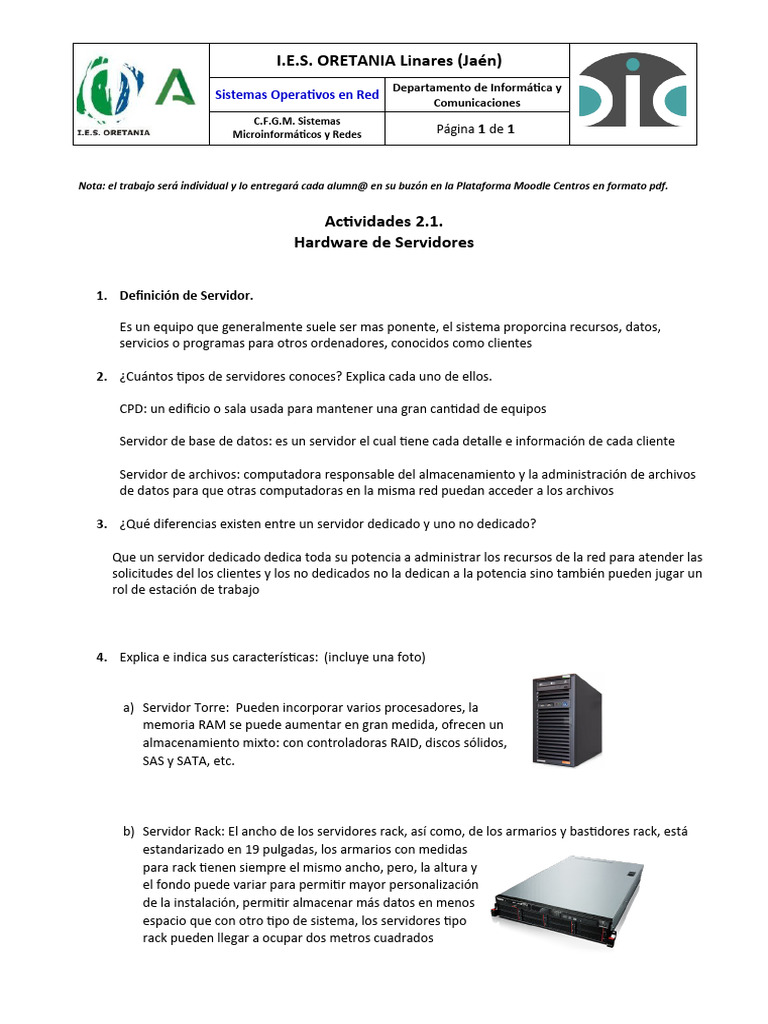 Actividades 2.1. Hardware de Servidores Jose Luis Huertas Fernandez 2SMR | PDF | Servidor ...