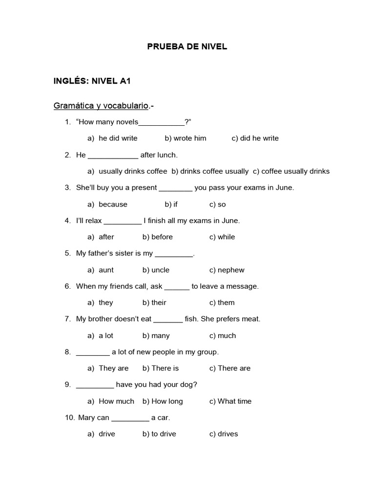 Inglés Prueba de Nivel | PDF
