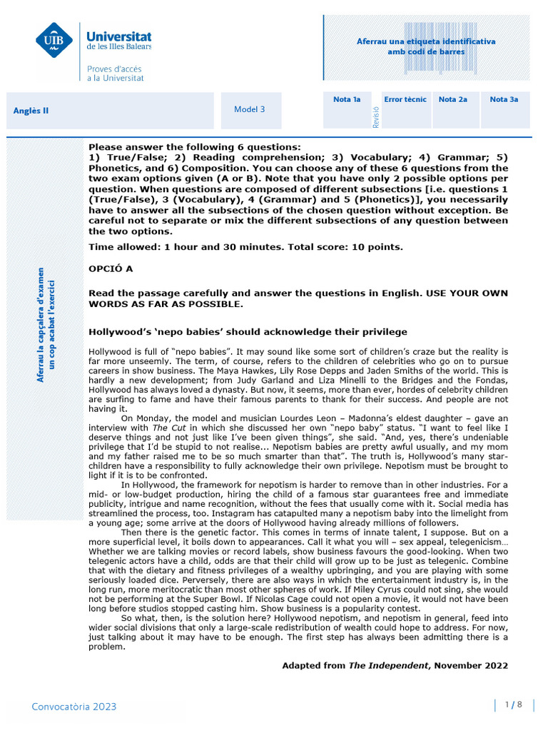 Model Examen PBAU Enunciat-ANGLES-JUL-2023 | PDF