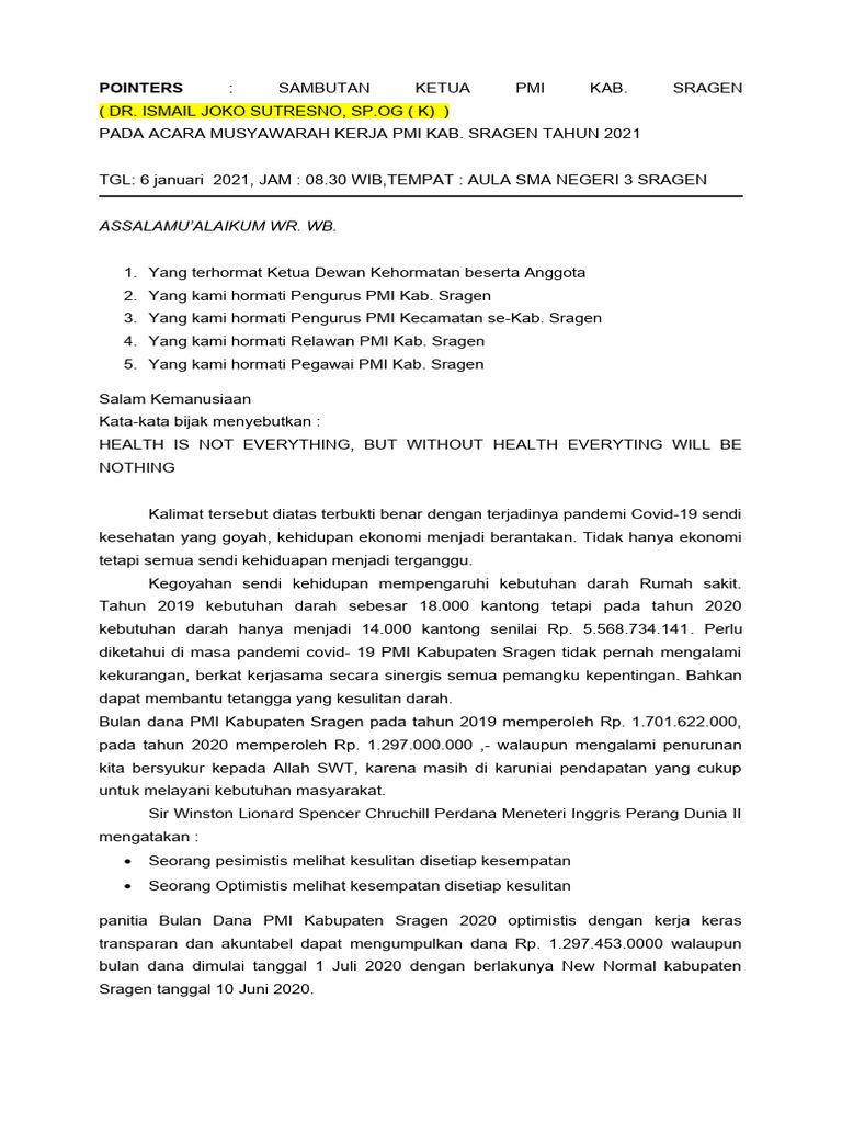 POINTERS Sambutan Ketua PMI 2020 | PDF