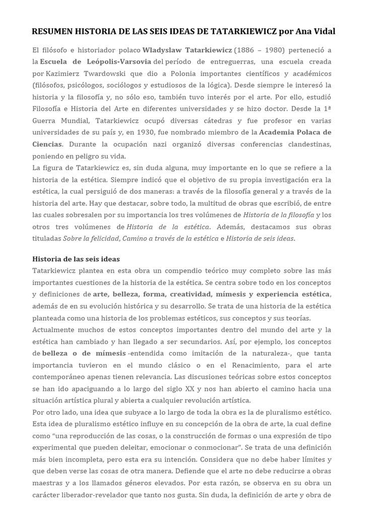 RESUMEN TATARKIEWICZ H - 6 - Ideas | PDF | Belleza | Estética