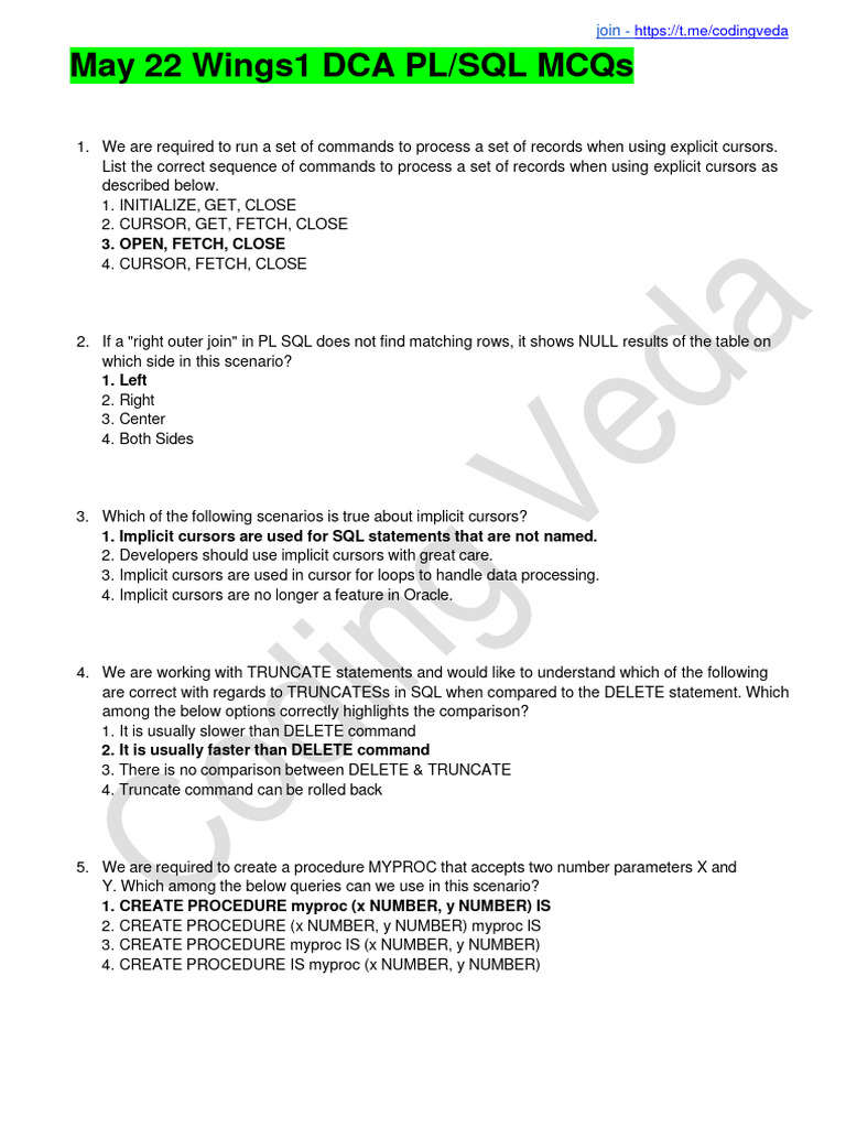 PL - SQL MCQs 2022 | Download Free PDF | Pl/Sql | Table (Database)