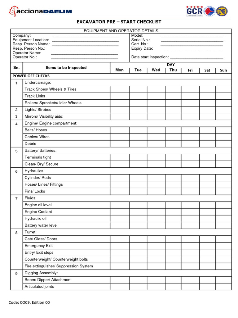 Excavator Checklist | PDF | Motor Vehicle | Manufactured Goods