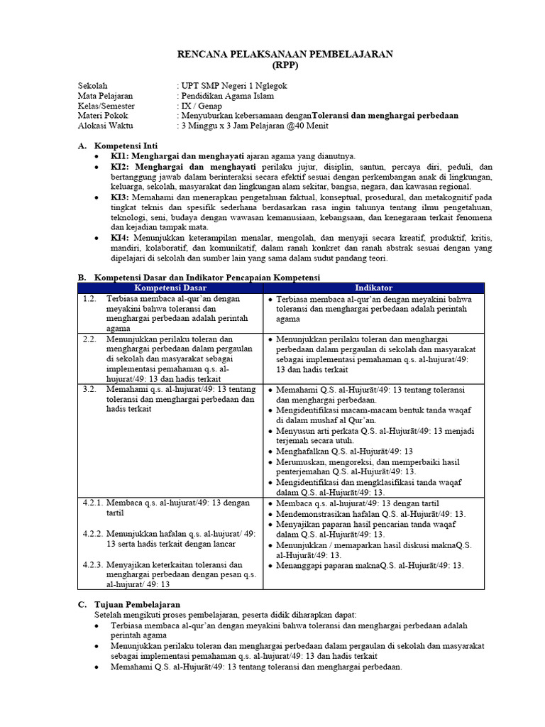 RPP 13 0ktoleransi Dan Menghargai Perbedaan | PDF
