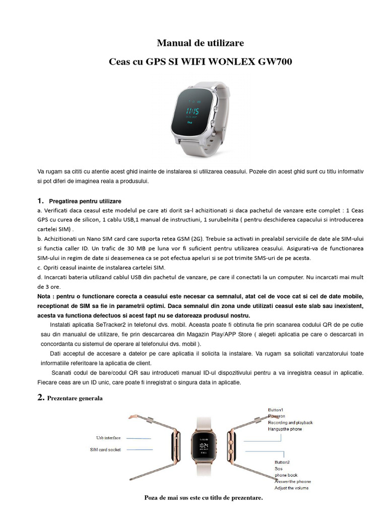 Manual de Utilizare Ceas Cu Gps Si Wifi Wonlex Gw700: Prezentare ...