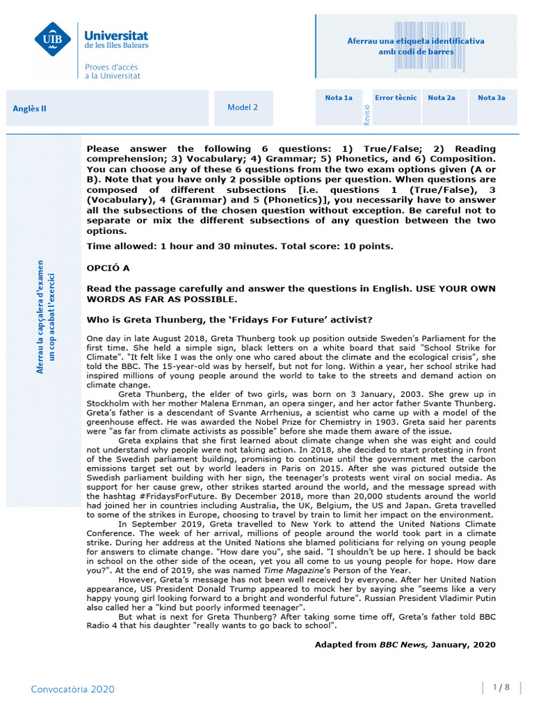 Model Examen PBAU Enunciat-ANGLES-JUNY-2020 | PDF