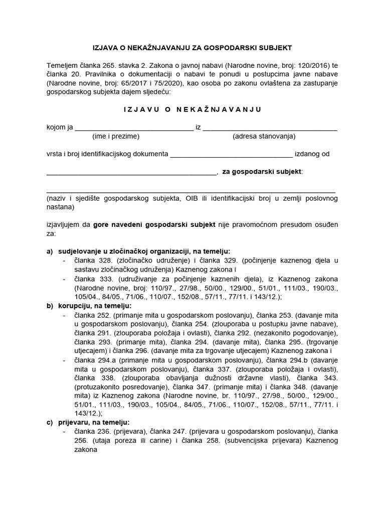 Izjava o Nekažnjavanju Za Gospodarski Subjekt | PDF