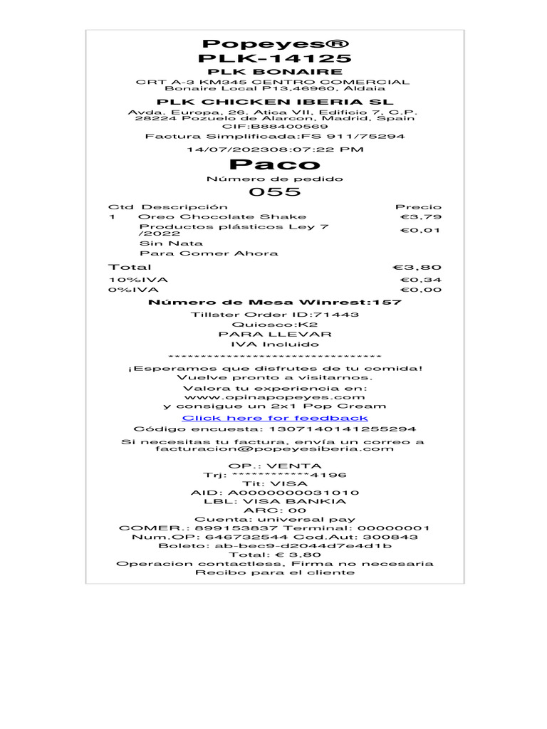 Popeyes Ticket N 055 200730 | PDF