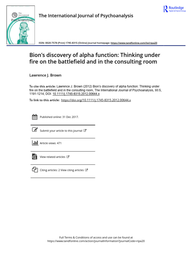 Bion s discovery of alpha function Thinking under fire on the ...