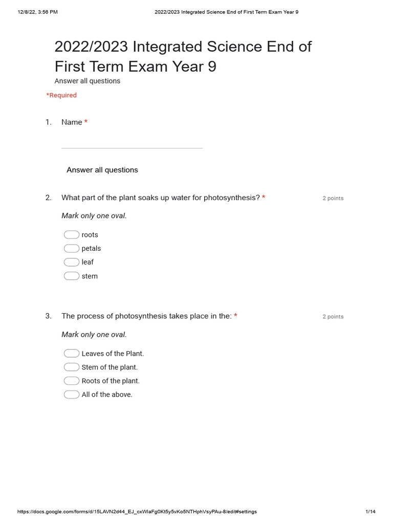 2022 - 2023 Integrated Science End of First Term Exam Year 9 - Google ...