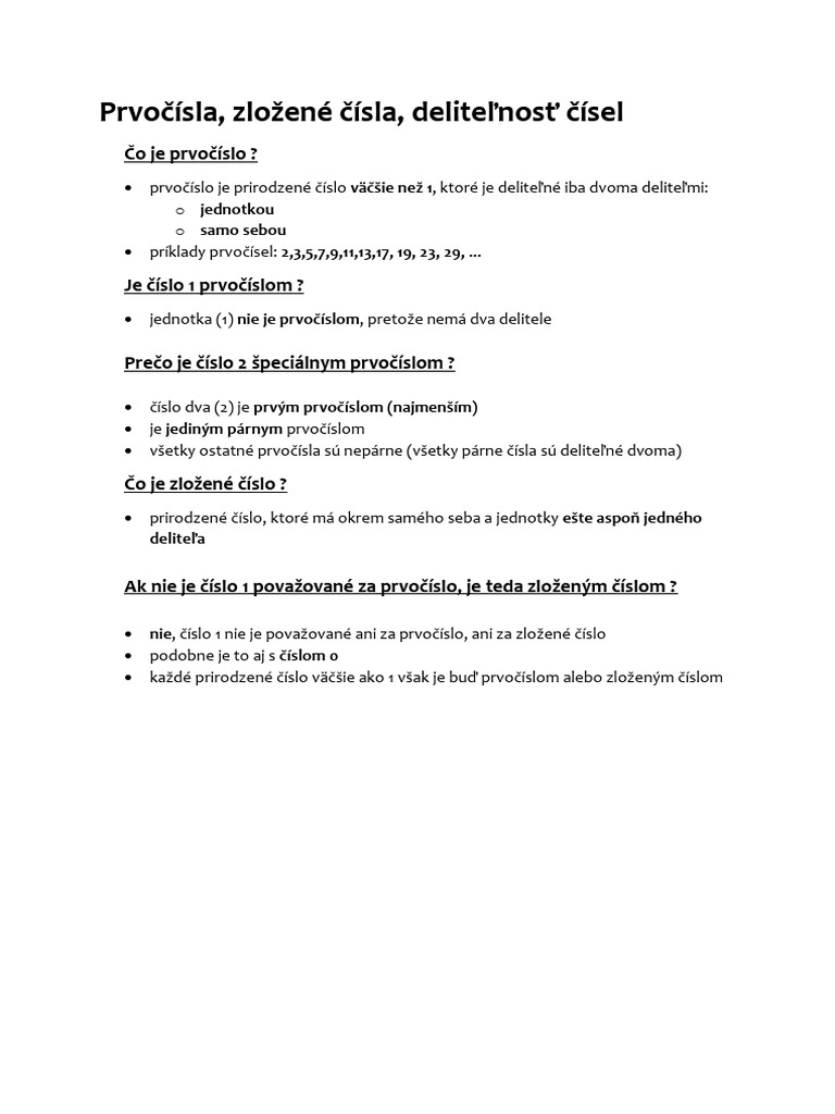 Prvočísla Zložené Čísla Deliteľnosť Čísel Teória | PDF