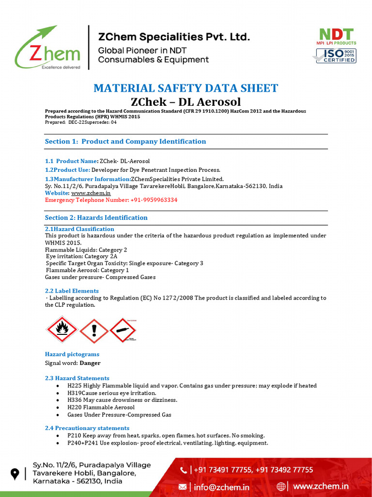 ZChek DL Aerosol MSDS | PDF