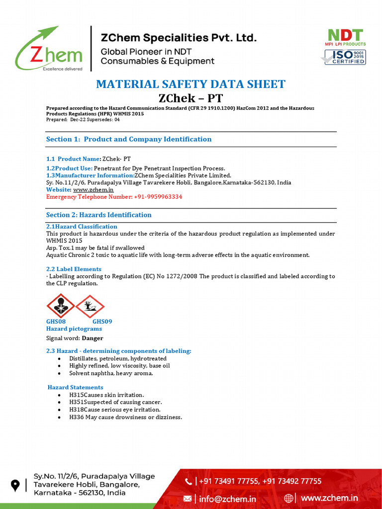 ZChek PT Bulk MSDS | PDF