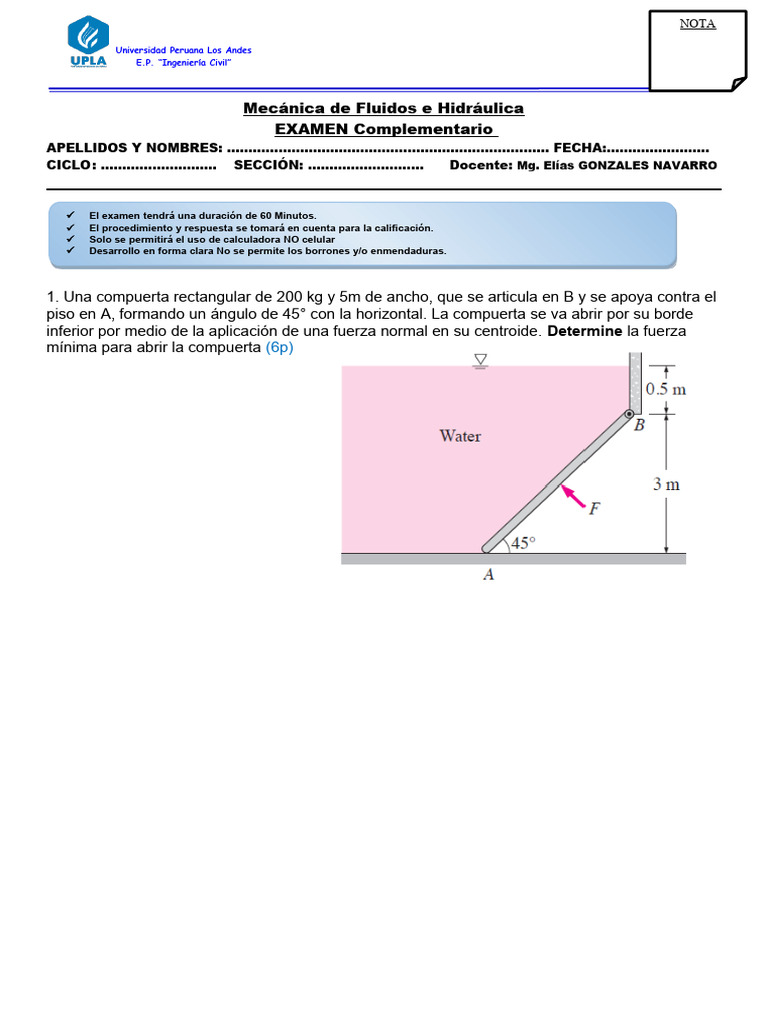 EXAMEN COMPLEMENTARIO FINAL Mecanica de Fluidos e Hidraulica | PDF | Tecnología