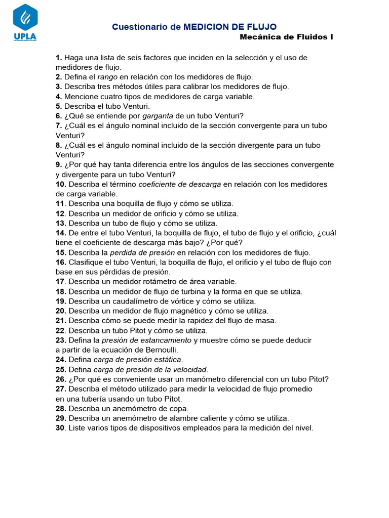 CUESTIONARIO Medicion de Flujos MFI | PDF
