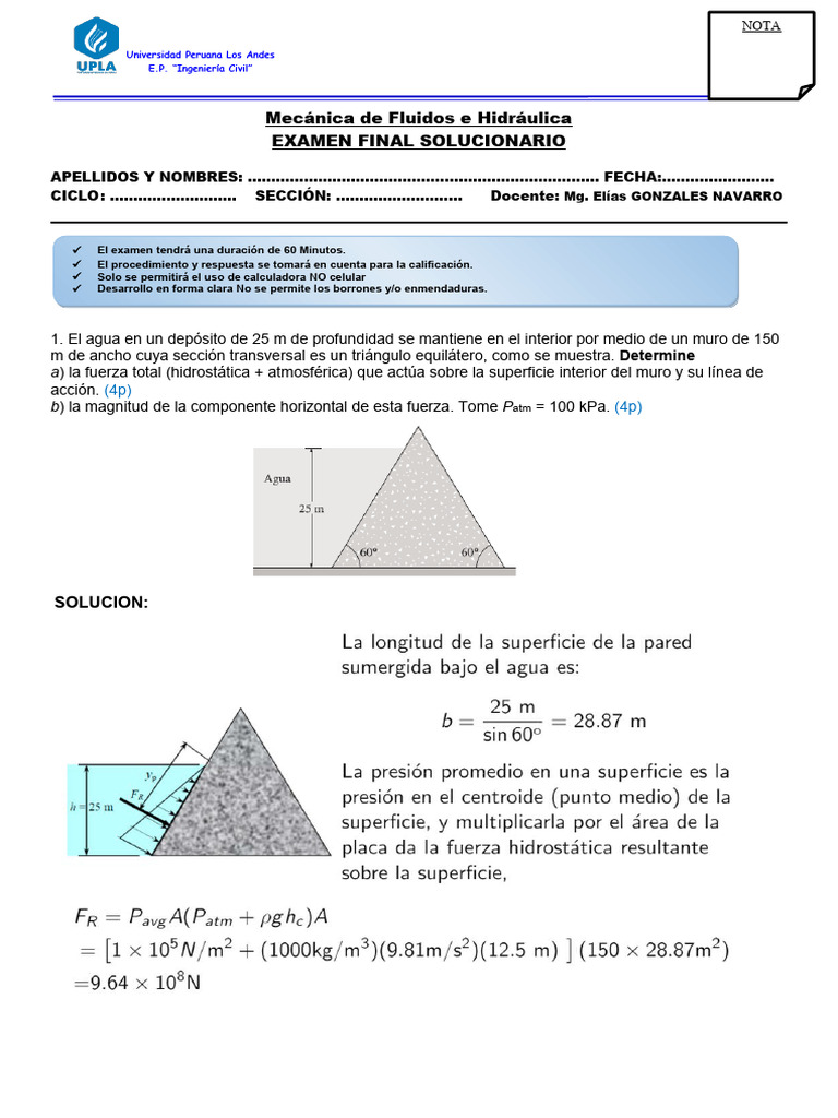 SOLUCIONARIO EXAMEN FINAL Mecanica de Fluidos e Hidraulica | PDF
