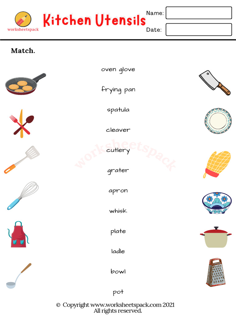Kitchen Utensils Vocabulary Matching Worksheet | PDF