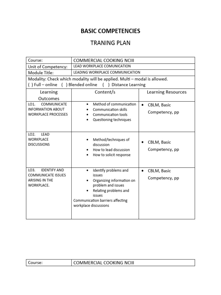 Commercial Cooking Nciii Training Plan | PDF | Menu | Distance Education